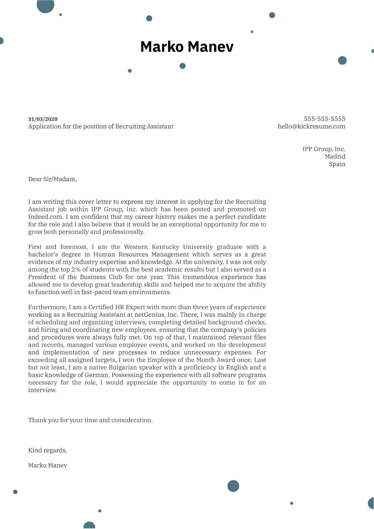 Human Resources Assistant Cover Letter Samples & Examples 2024 | Kickresume